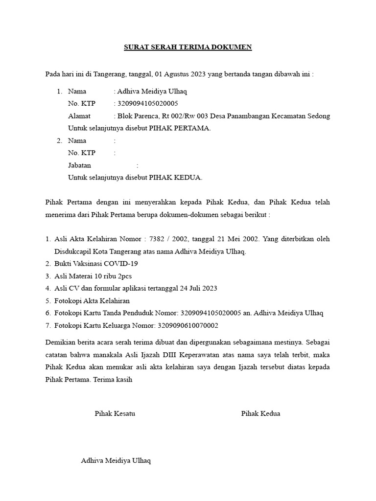 Surat Serah Terima Dokumen Resmi | PDF
