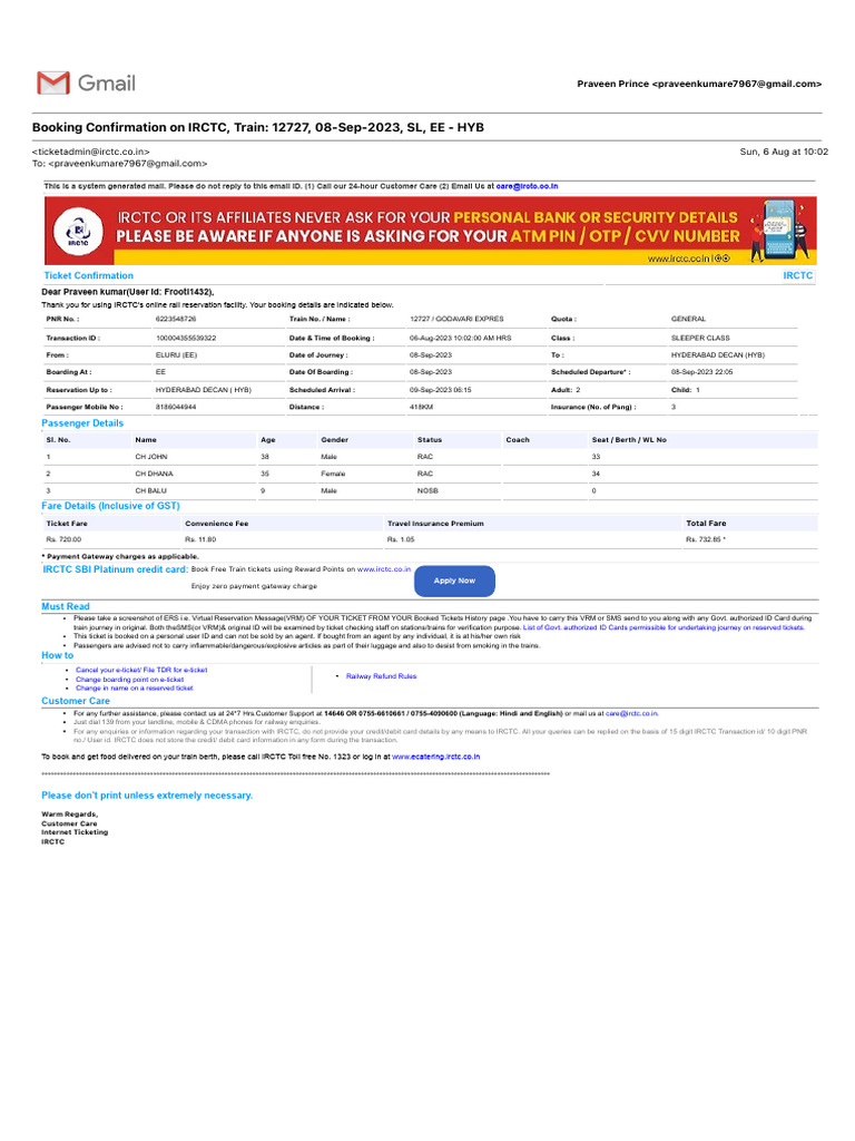 Booking Confirmation On IRCTC, Train: 12727, 08-Sep-2023, SL, EE - HYB ...
