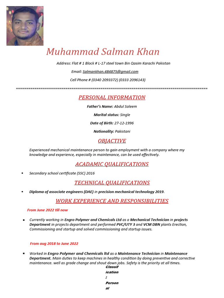 Muhammad Salman Khan - CV-1 | PDF | Pump | Machines