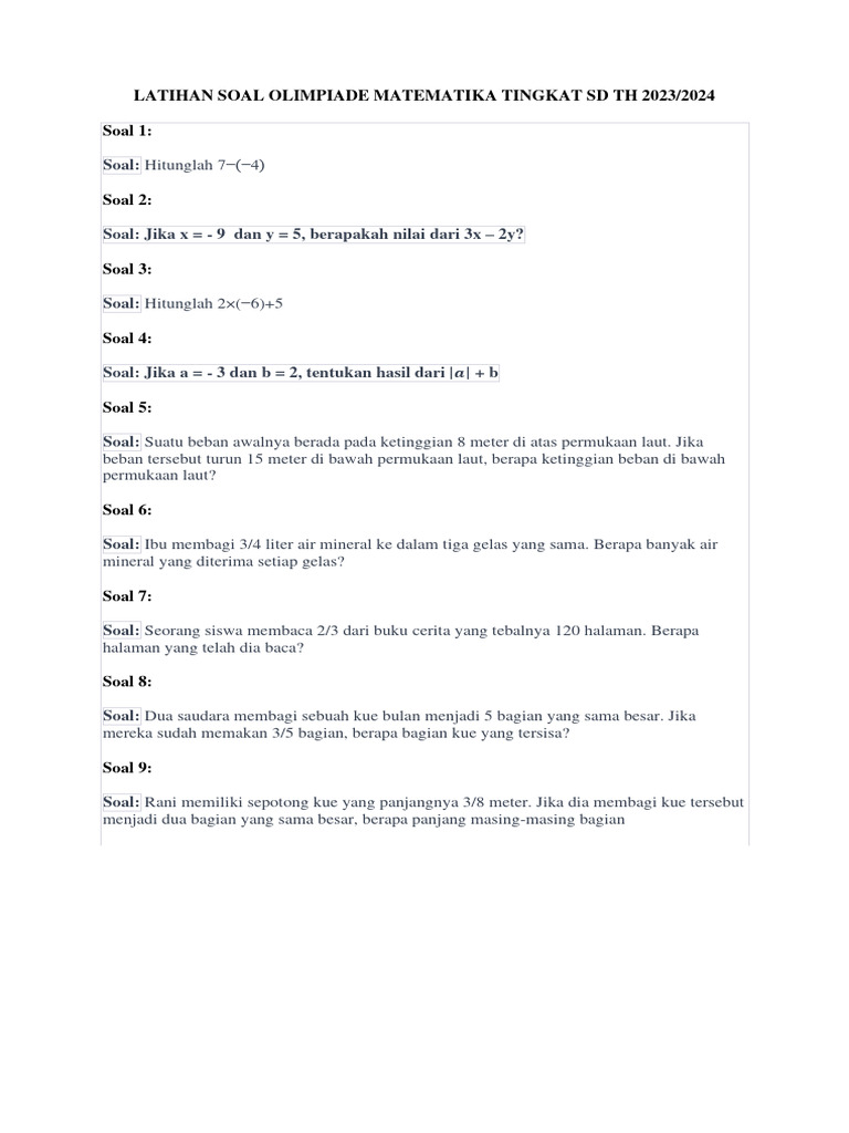 Latihan Soal Olimpiade Matematika Tingkat SD TH 2023 | PDF
