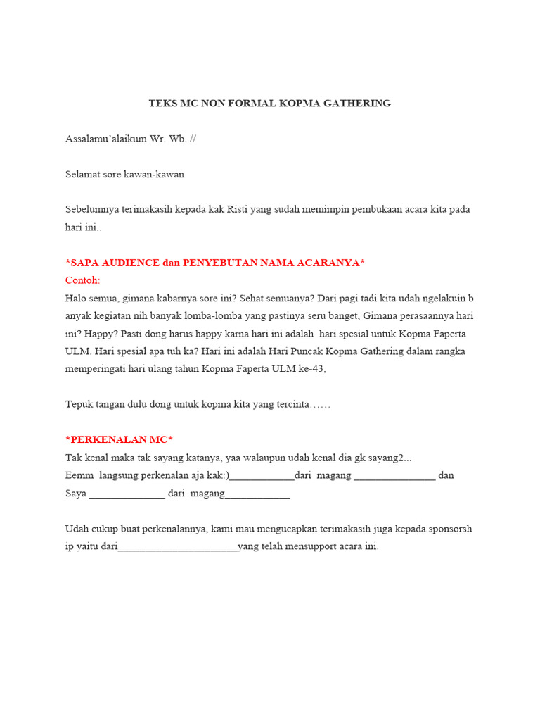 Teks MC Non Formal Kopma Gathering | PDF