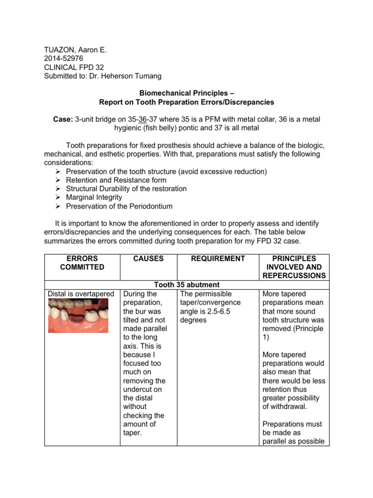TUAZON - Report On Discrepancies On Tooth Preparation | PDF | Tooth | Mouth