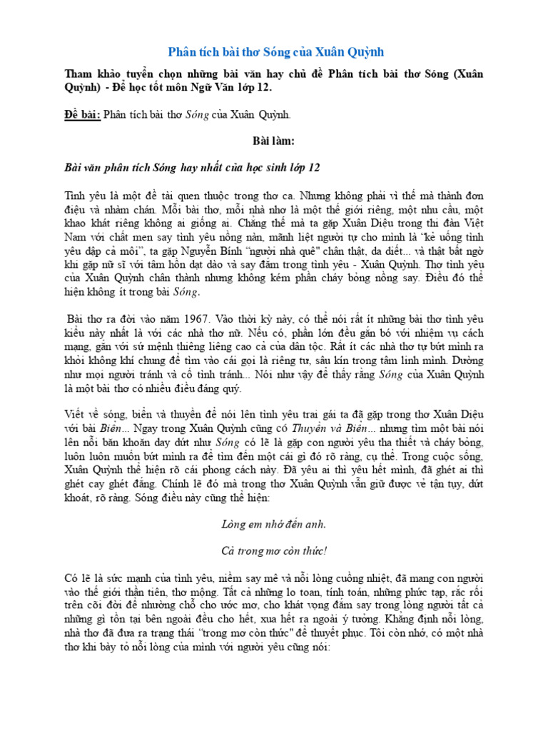 Phan Tich Bai Tho Song Xuan Quynh | PDF