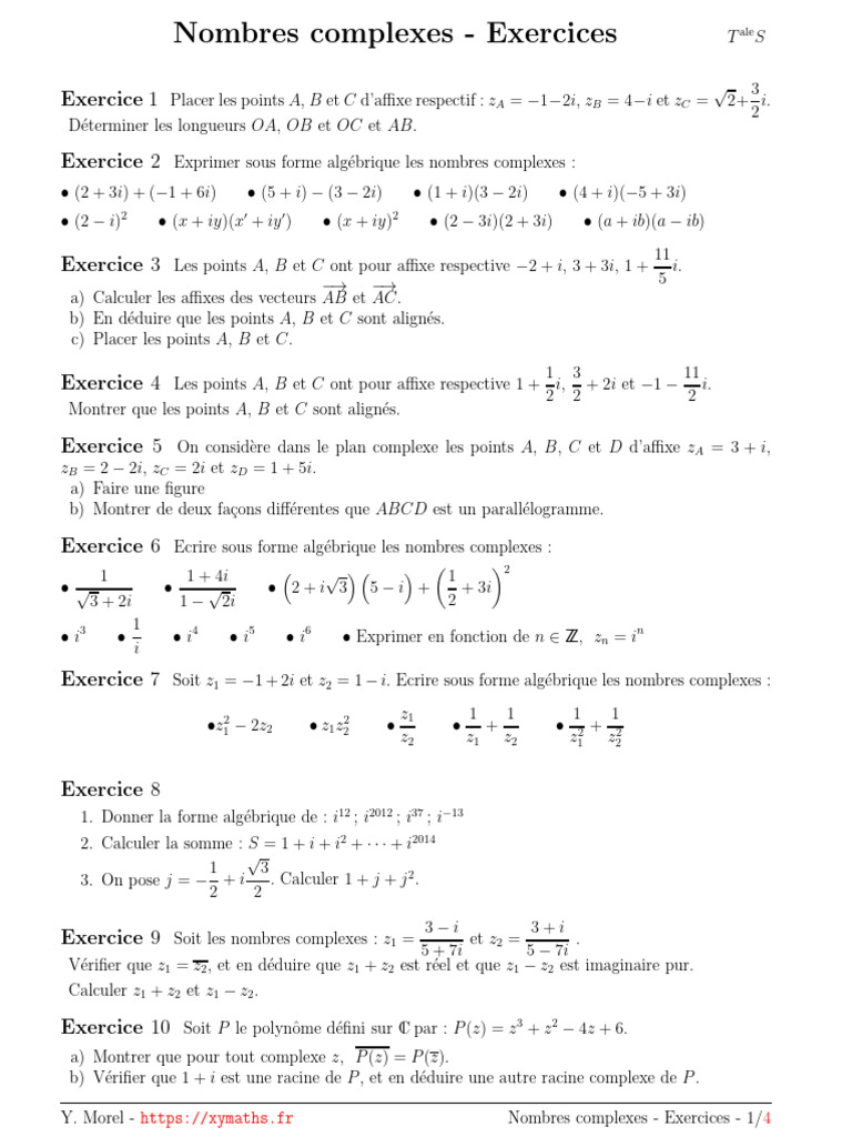 Cours Nombres Complexes Exercices | PDF | Nombre complexe | Arithmétique