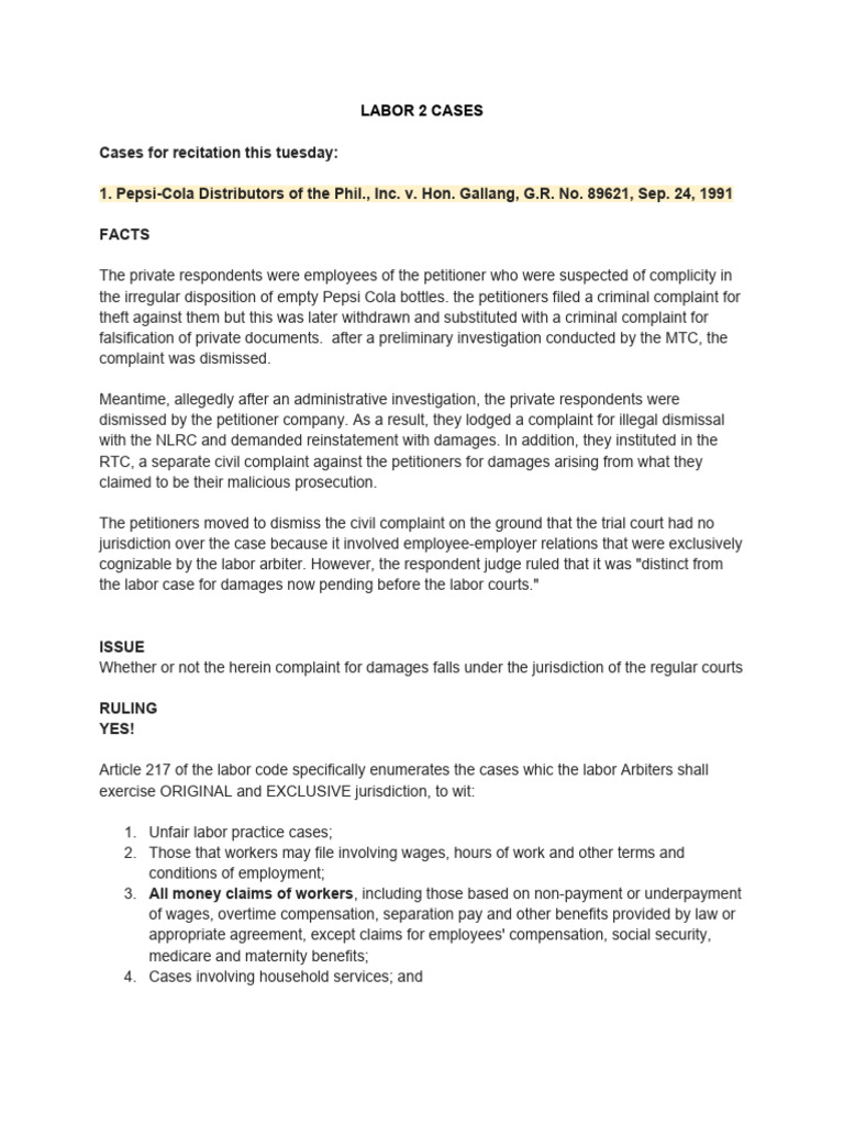 Labor Case Summaries and Jurisdiction Issues | PDF | Complaint | Damages