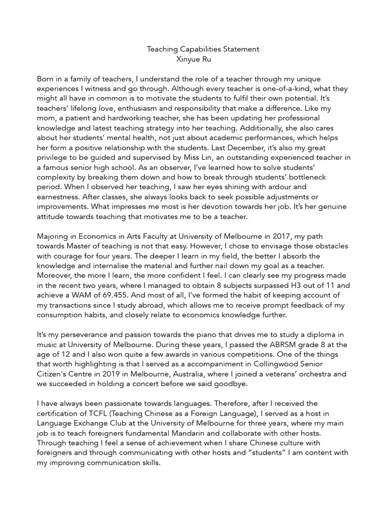 Teaching Capabilities Statement Xyr | PDF | Teachers | Thought