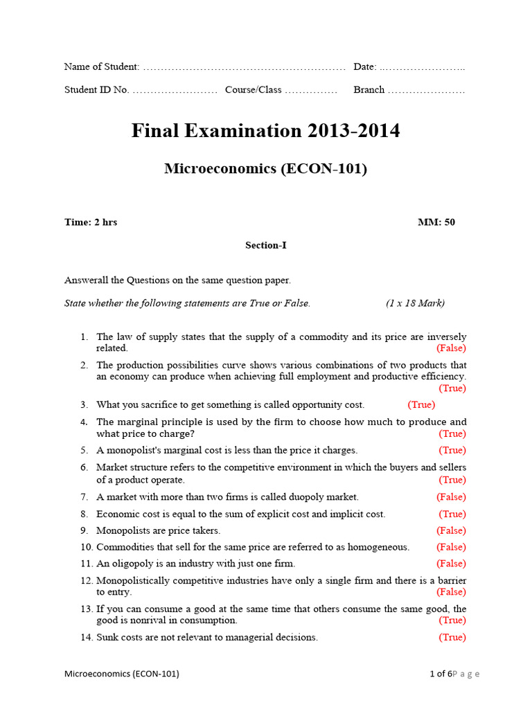 Microeconomics (ECON-101) - Final Examination 2013 - 2014-1 | PDF ...