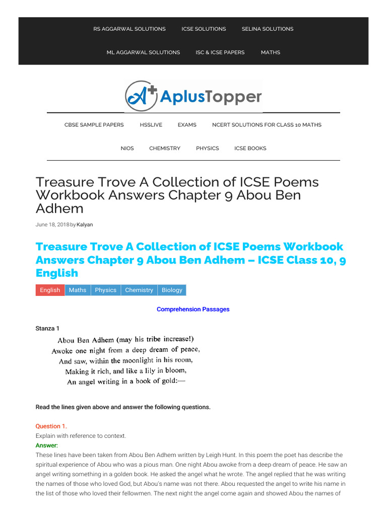 Treasure Trove A Collection of ICSE Poems Workbook Answers Chapter 9 Abou Ben Adhem | PDF