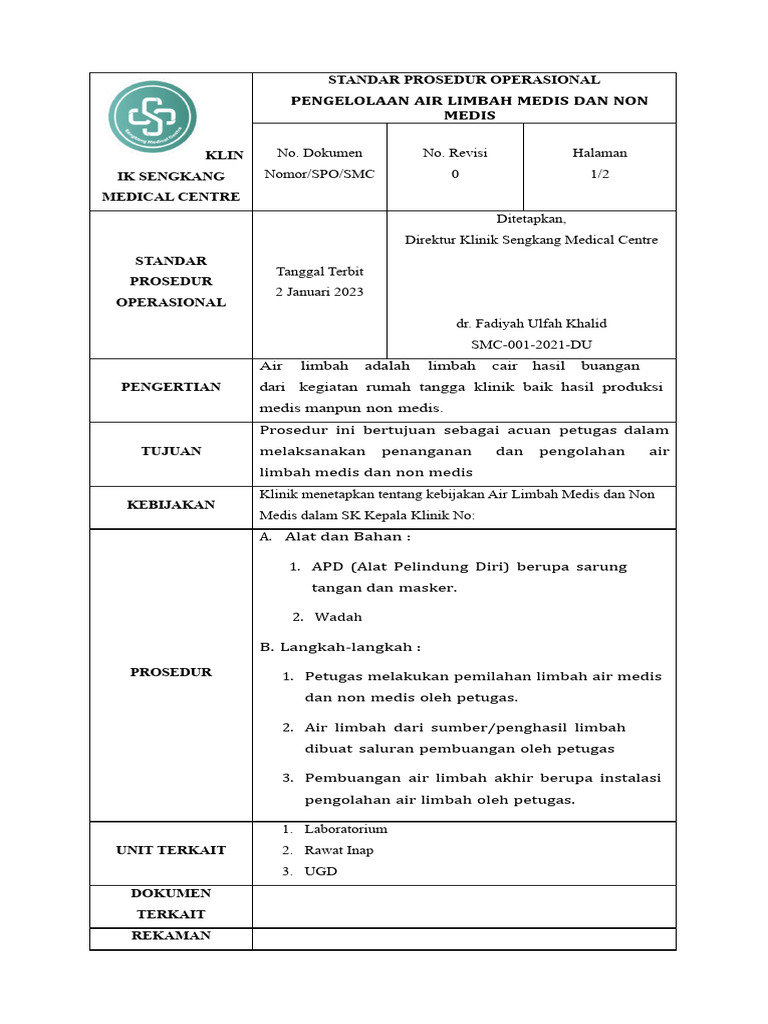 Spo Pengelolaan Air Limbah Medis | PDF