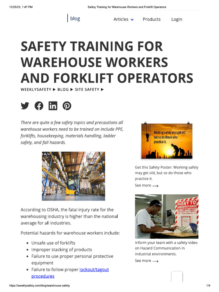 Safety Training For Warehouse Workers and Forklift Operators | PDF