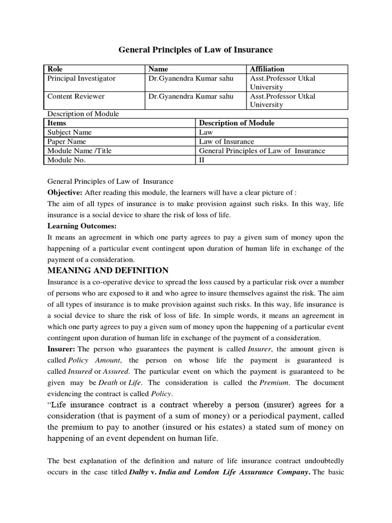 General Principles of Law of Insurance | Download Free PDF | Insurance ...