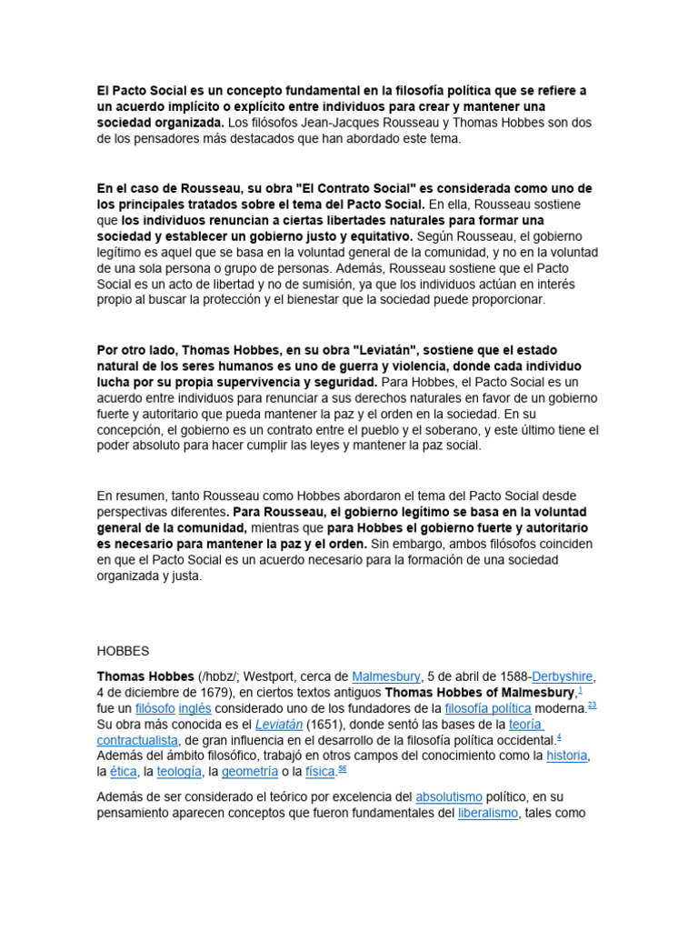 El Pacto Social. Marco Teórico de Rosseau y Hobbes | PDF | Contrato ...