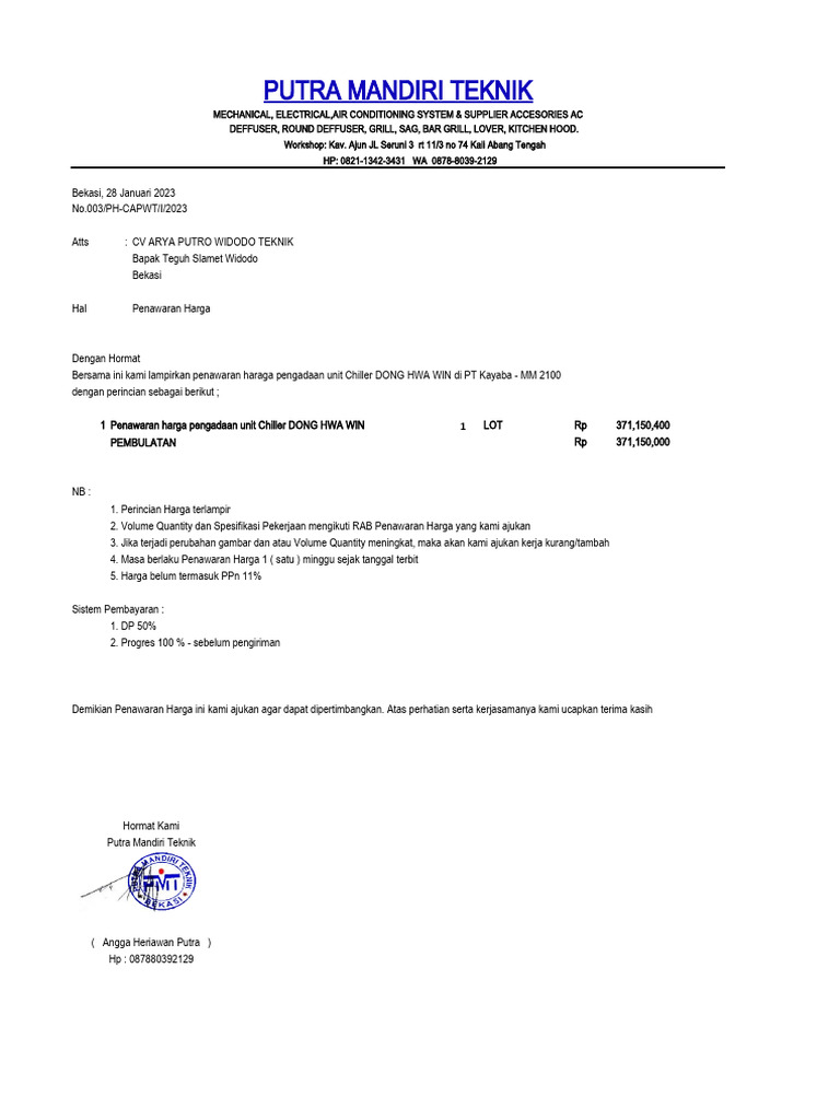 Penawaran Harga Unit Chiller DONG HWA | PDF