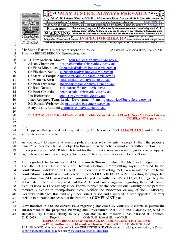 20231225-Mr G. H. Schorel-Hlavka O.W.B. to Chief Commissioner of ...