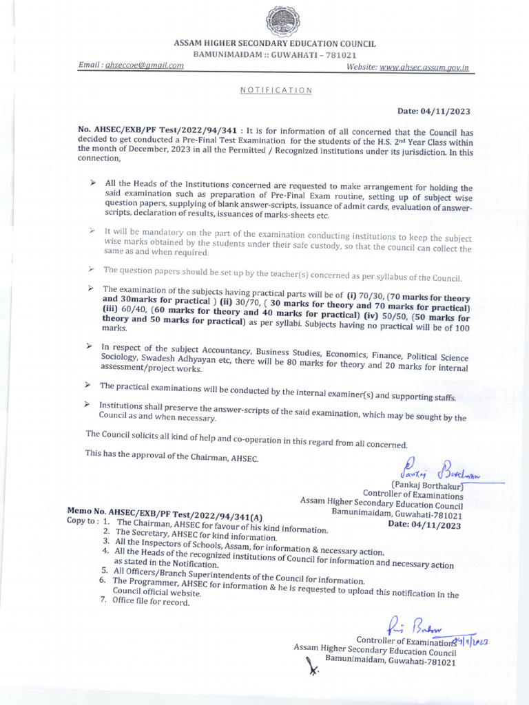Notification Regarding H S Pre Final Examination 2023 in Connection With The H S Final ...