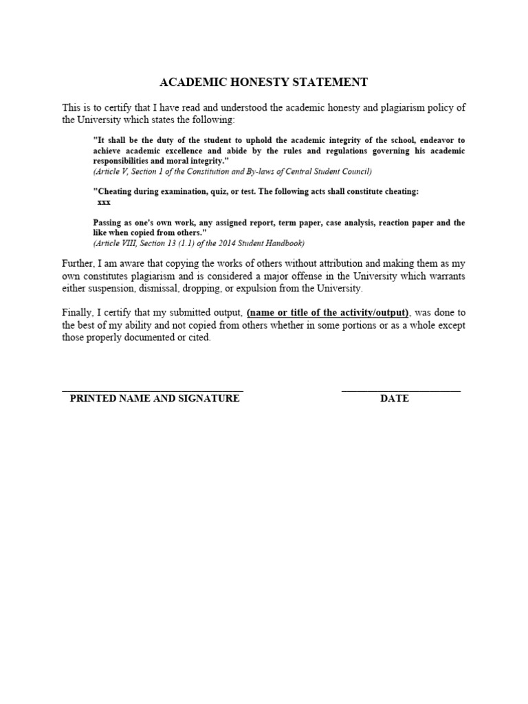 Academic Honesty Statement | PDF | Social Science