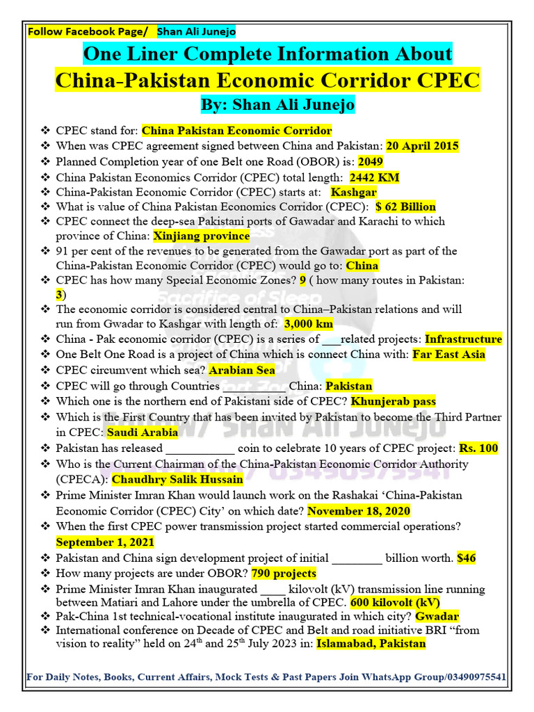 Complete Mcqs About CPEC | PDF | Pakistan | China