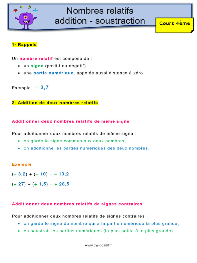 Addition et Soustraction de Nombres Relatifs | PDF | Mathématiques ...