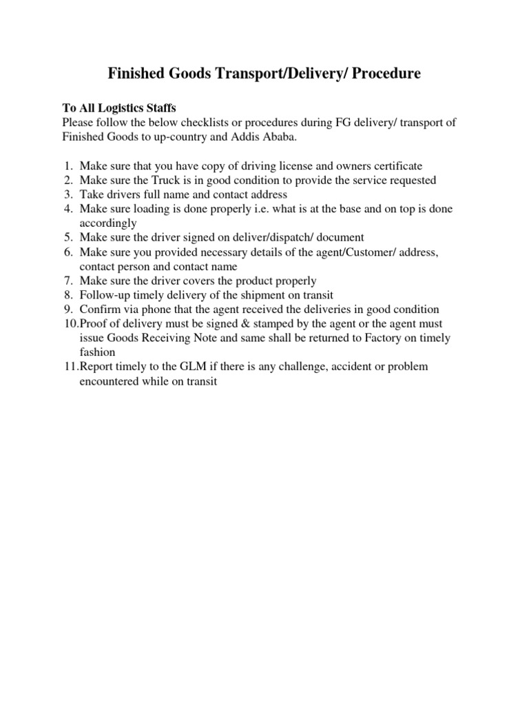 Finished Goods Transport Delivery Procedure 2021 | PDF