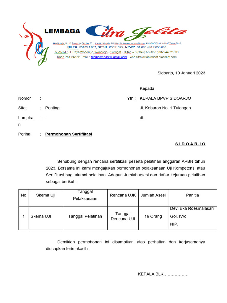 Contoh Pengajuan Ujk | PDF