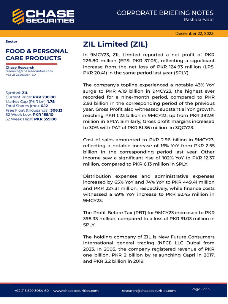 Corporate Briefing Notes - ZIL | PDF | Investing | Gross Income
