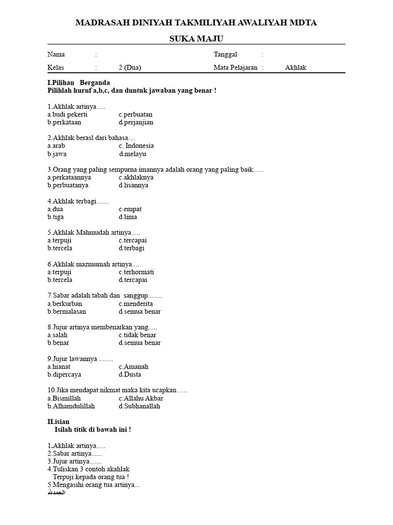 Soal Akhlak Kelas 2 | PDF | Seni & Disiplin Bahasa | Kajian Bahasa Asing