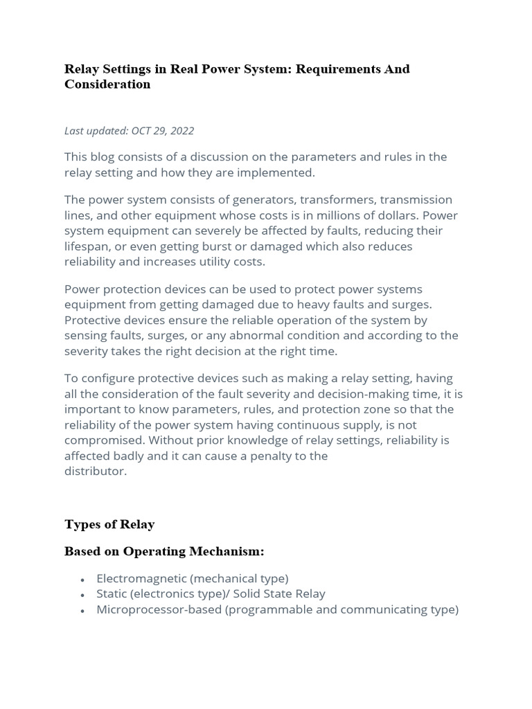 Relay Settings in Real Power System | PDF