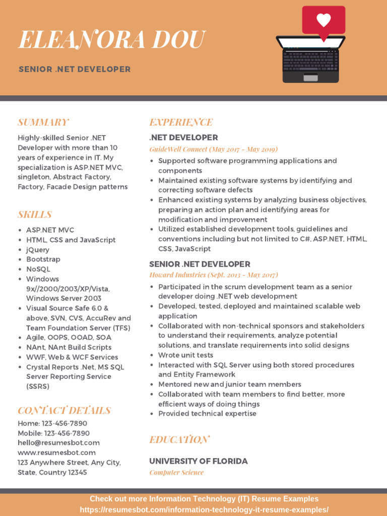 Senior Dot Net Developer Resume Example | PDF | World Wide Web | Internet & Web