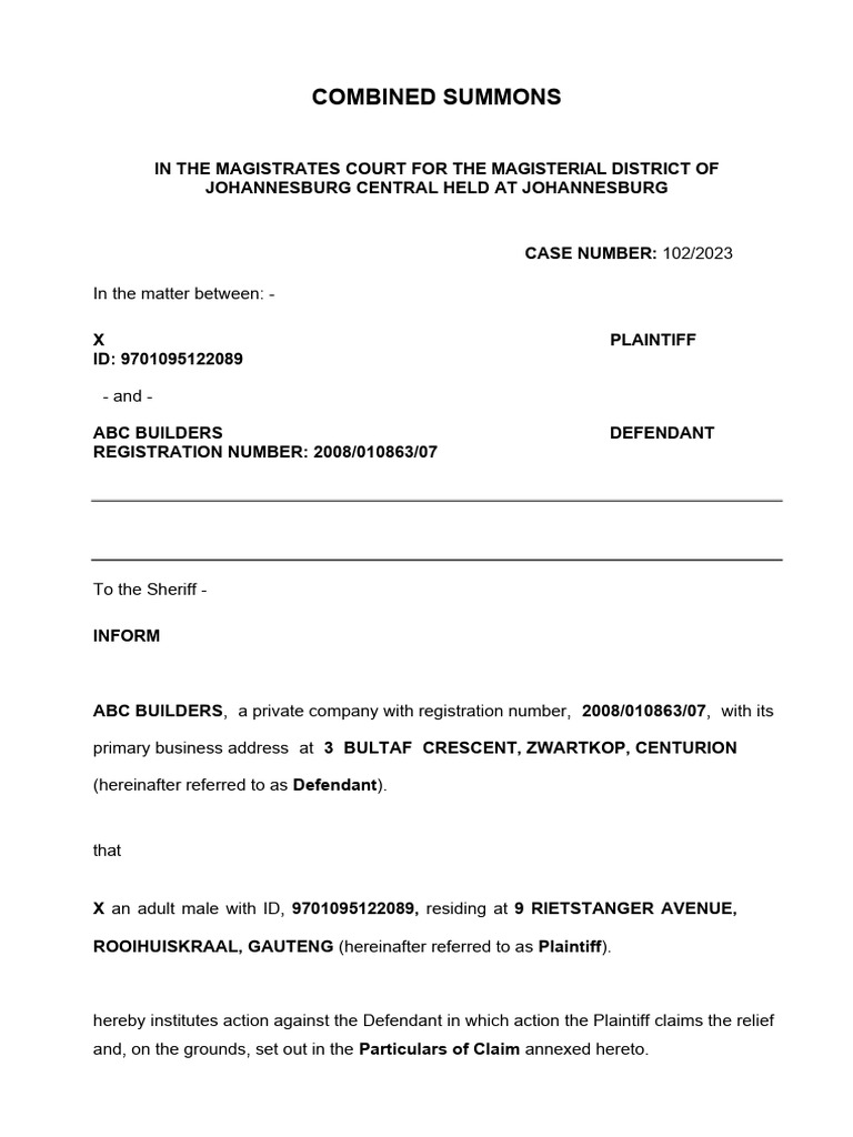 Combined Summons - Breach of Contract | PDF | Summons | Judgment (Law)