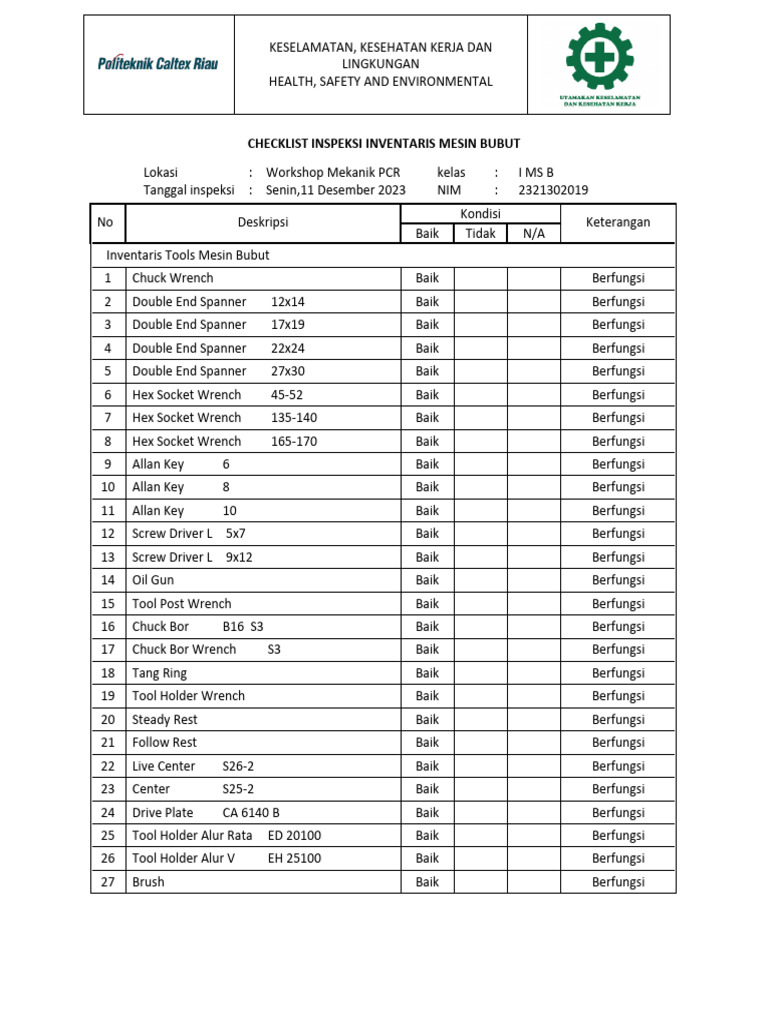 Checklist Perawatan Mesin Bubut | PDF