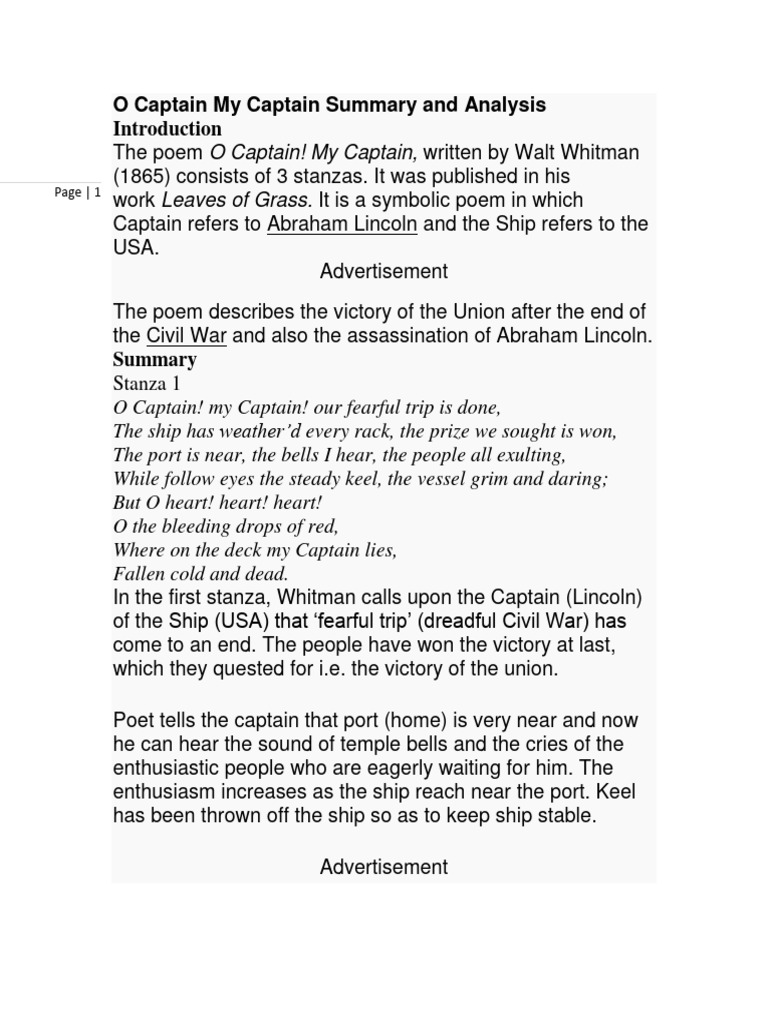 O Captain My Captain Summary and Analysis: Stanza 1 | PDF