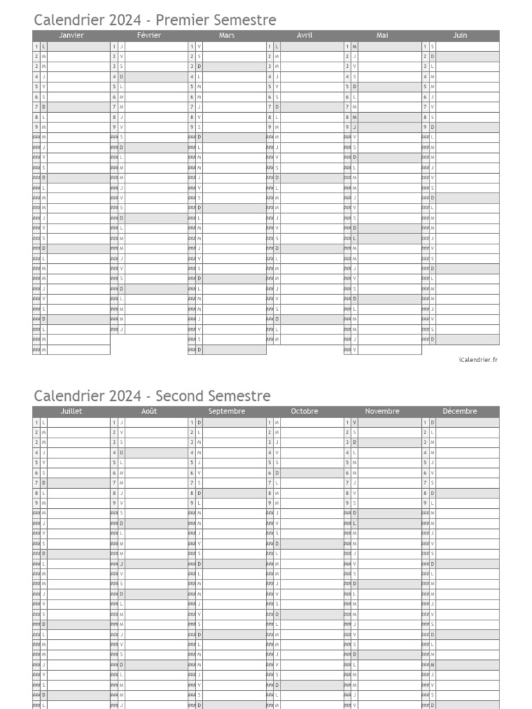 Calendrier 2024 Semestriel Vierge 29700 | PDF