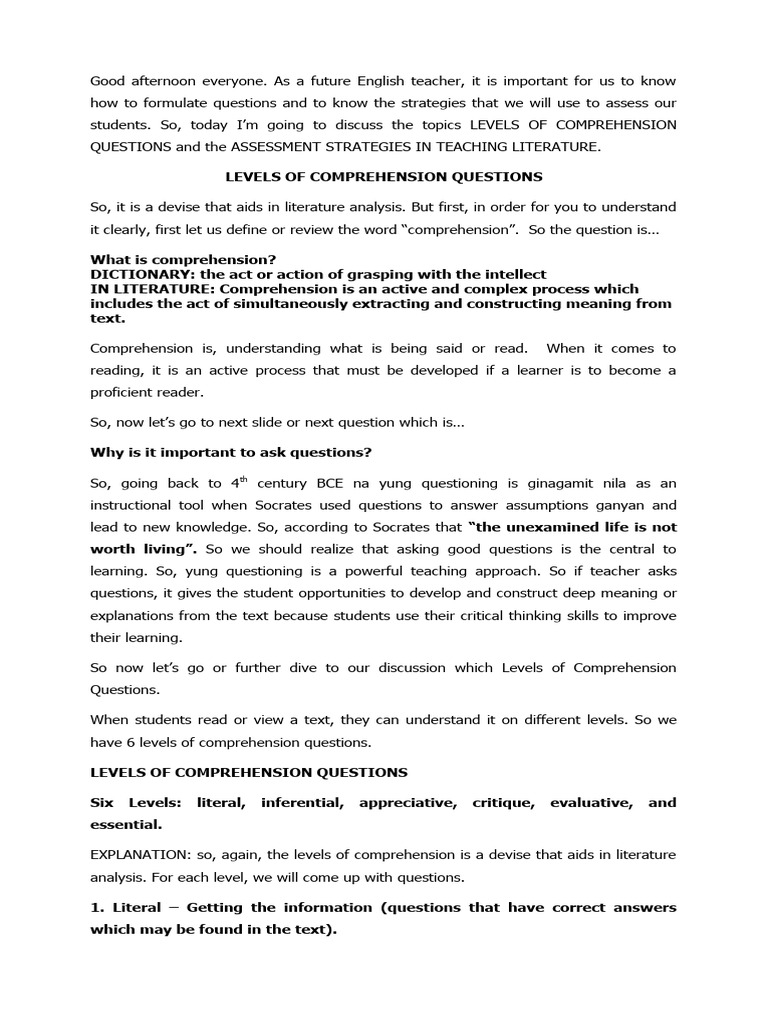 Levels of Comprehension Questions | PDF