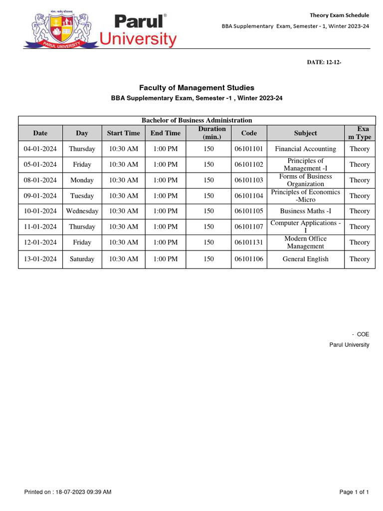 BBA Semester 1 Exam Schedule Winter 2023-24 | PDF | Academic Term