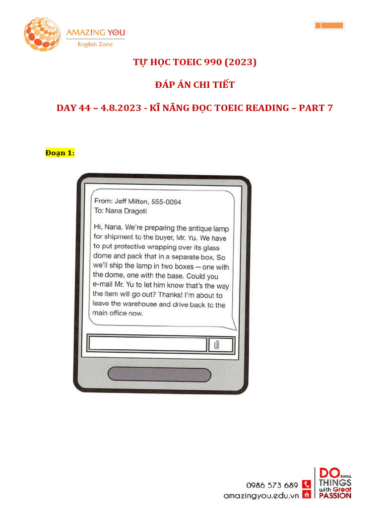 Đáp án chi tiết - Day 44 - 4.8 - TOEIC Reading Part 7 | PDF