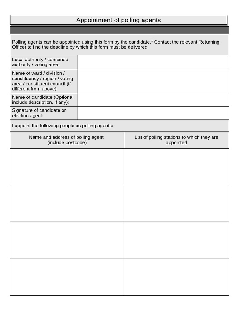 Polling Agent Appointment Form Generic | PDF | Law