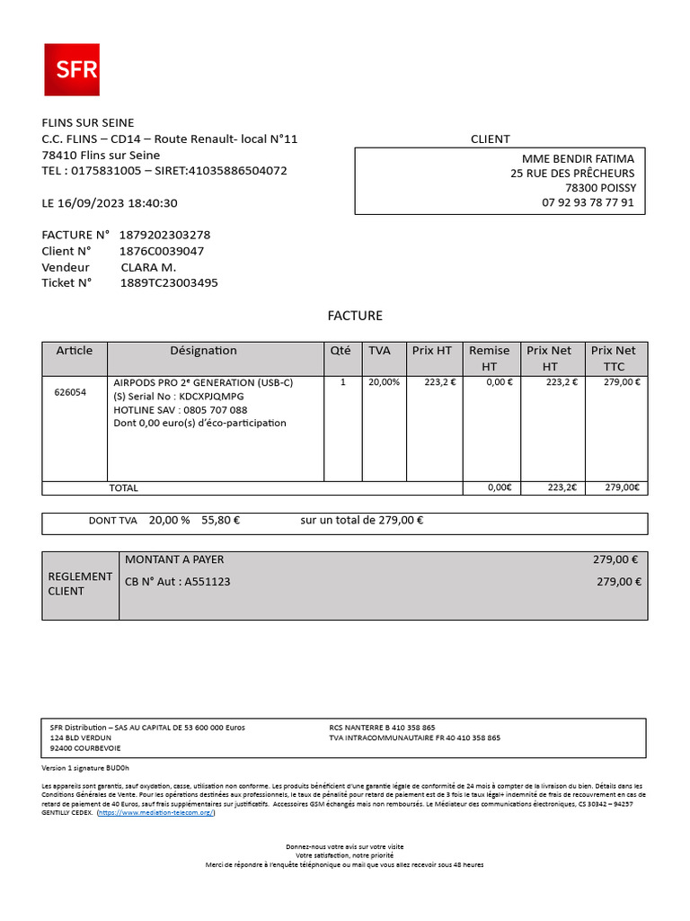 Facture SFR Airpods Pro 2 Generation (Usb C) | PDF | Taxe sur la valeur ajoutée | Paiements