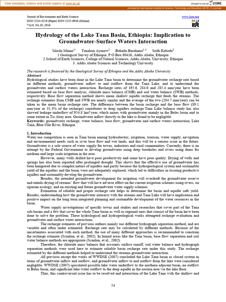 Hydrology of The Lake Tana Basin, Ethiopia: Implication To Groundwater-Surface Waters ...