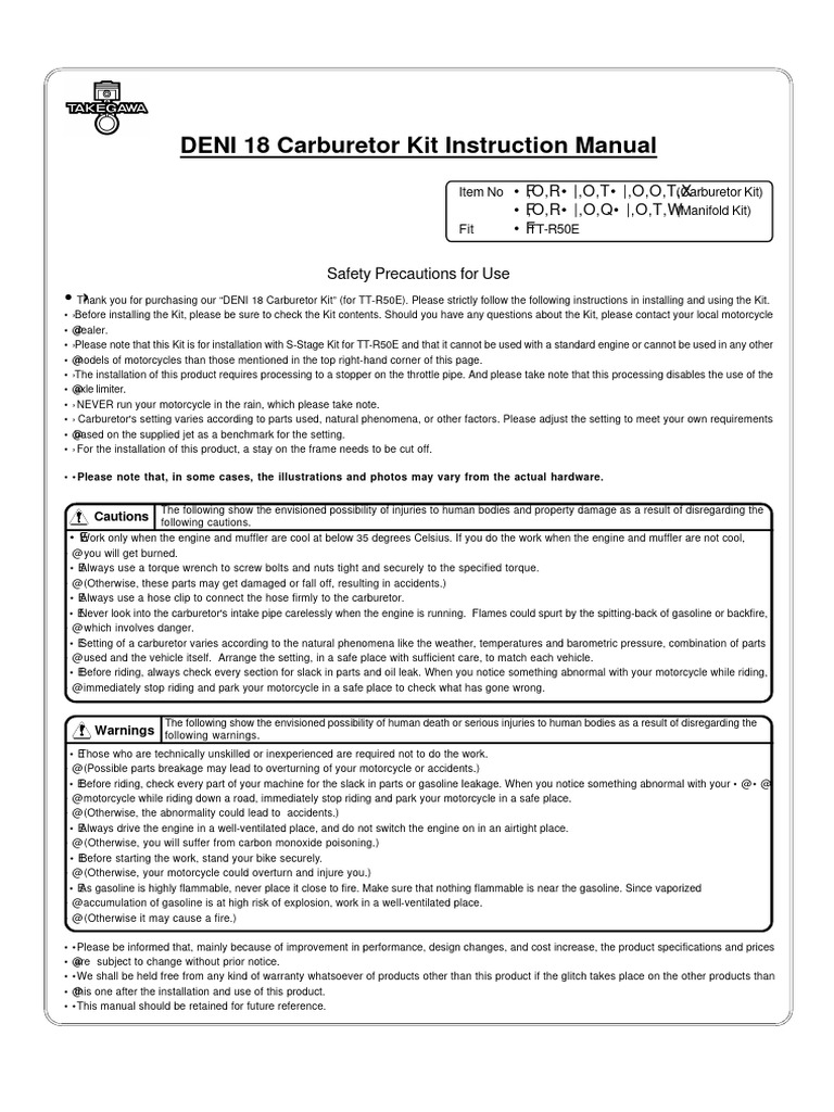 DENI 18 Carburetor Kit Instruction Manual: Safety Precautions For Use ...