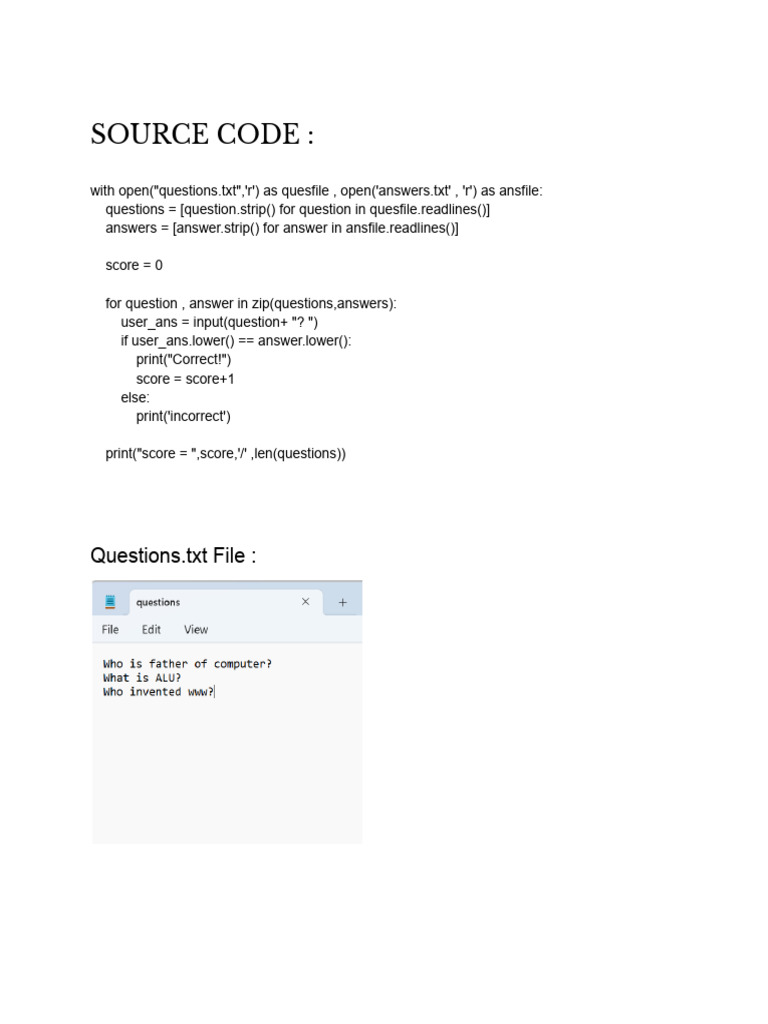Source Code and Sample Output - Quiz Game | PDF