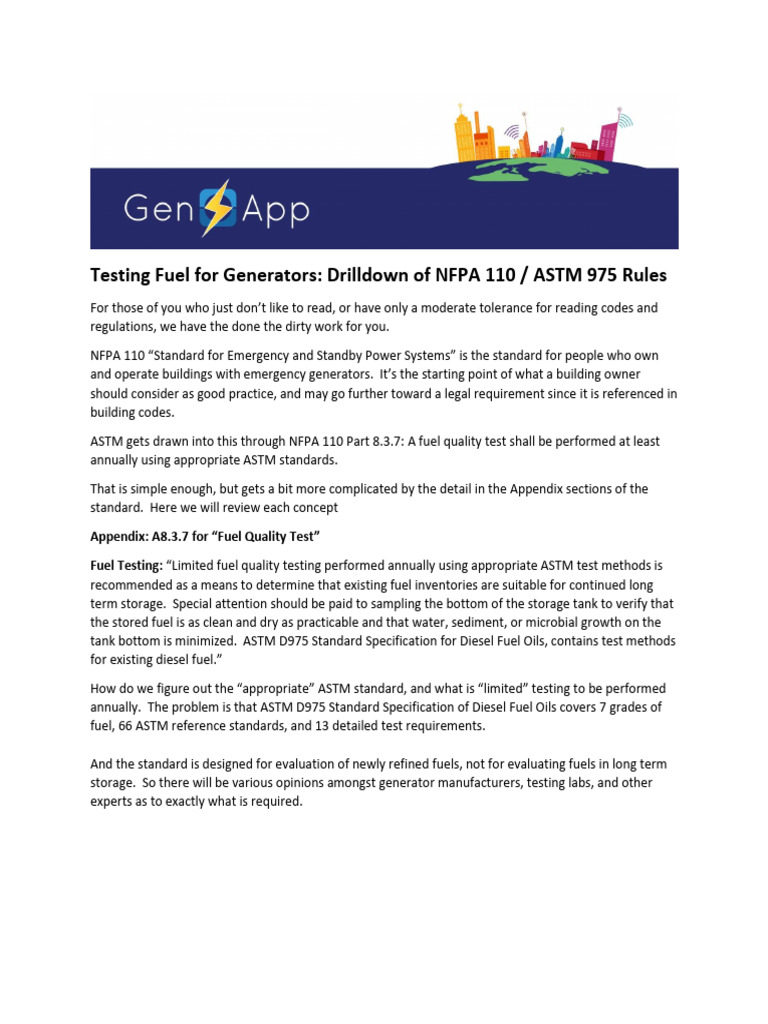 Eswp 111 Testing Fuel For Generators Drilldown of Nfpa 110 and Astm ...