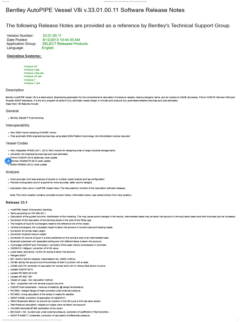 Bentley AutoPIPE Vessel V8i v.33.01.00.11 Software Release Notes ...