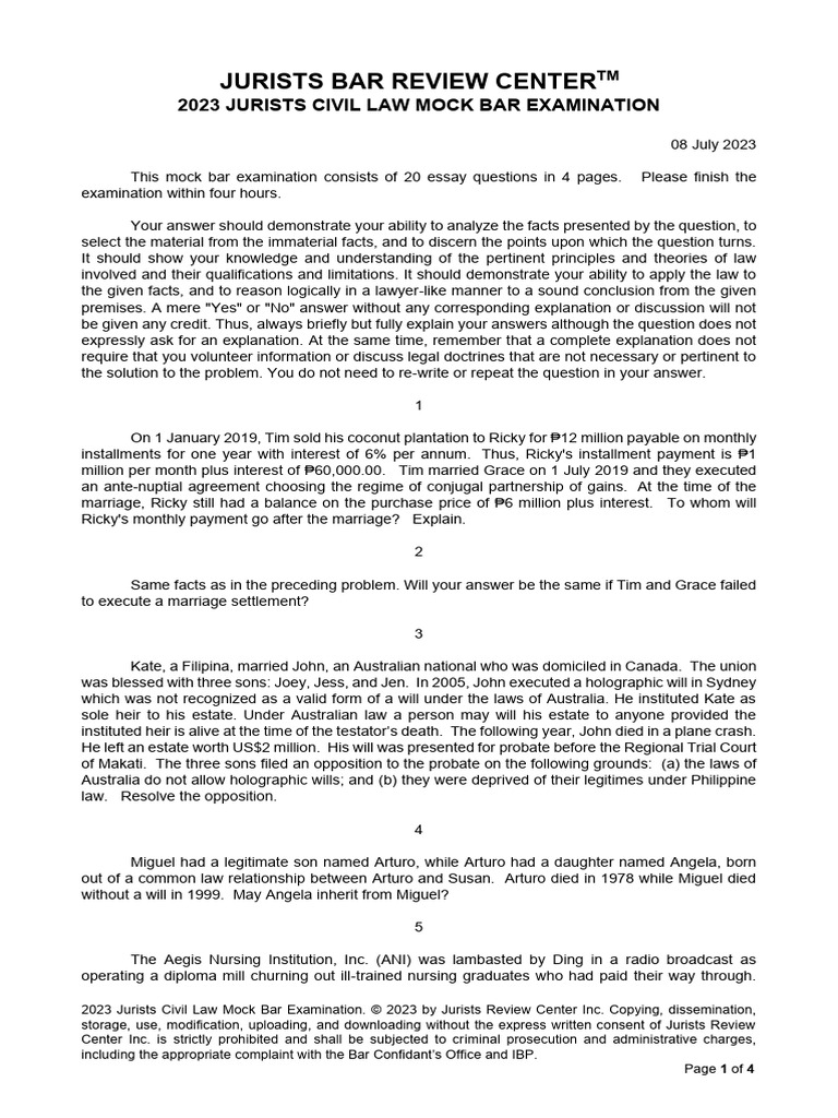 2023 Jurists Civil Law Mock Bar Examination | PDF | Lawsuit | Interest 2023 Jurists Civil Law Mock Bar Examination | PDF | Lawsuit | Interest