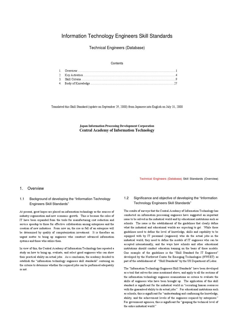 Information Technology Engineers Skill Standards | PDF