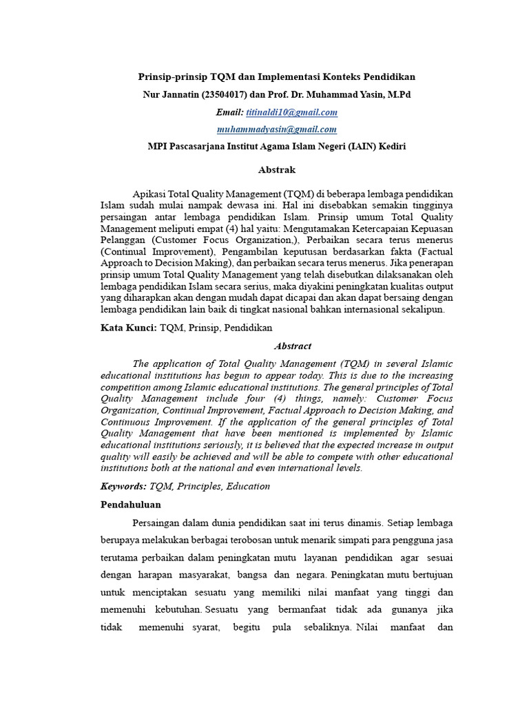 Prinsip-Prinsip TQM Dan Implementasi Konteks Pendidikan | PDF