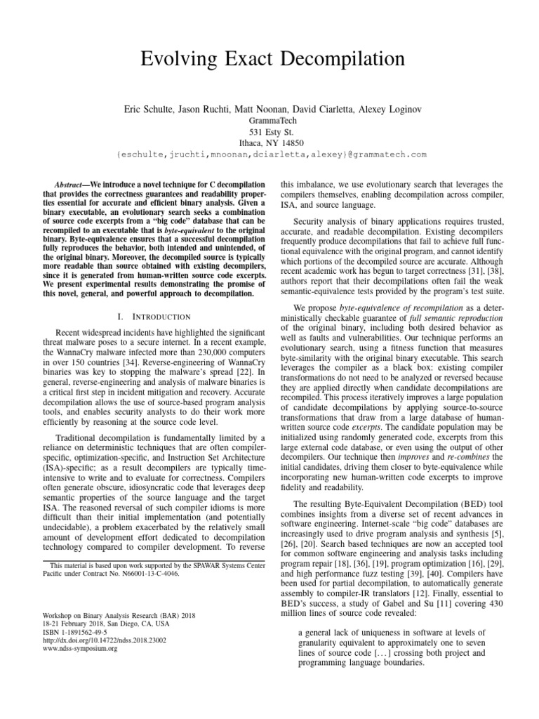 Evolving Exact Decompilation: Eric Schulte, Jason Ruchti, Matt Noonan ...