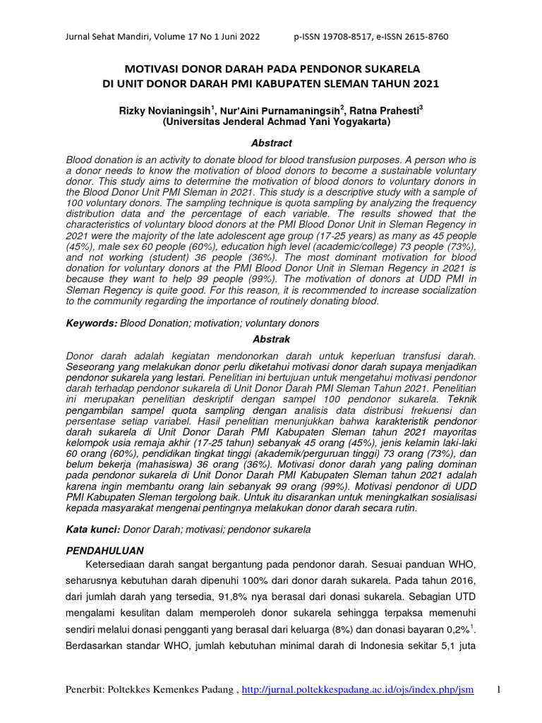 Motivasi Donor Darah Pada Pendonor Sukarela Di Unit Donor Darah Pmi Kabupaten Sleman Tahun 2021 ...