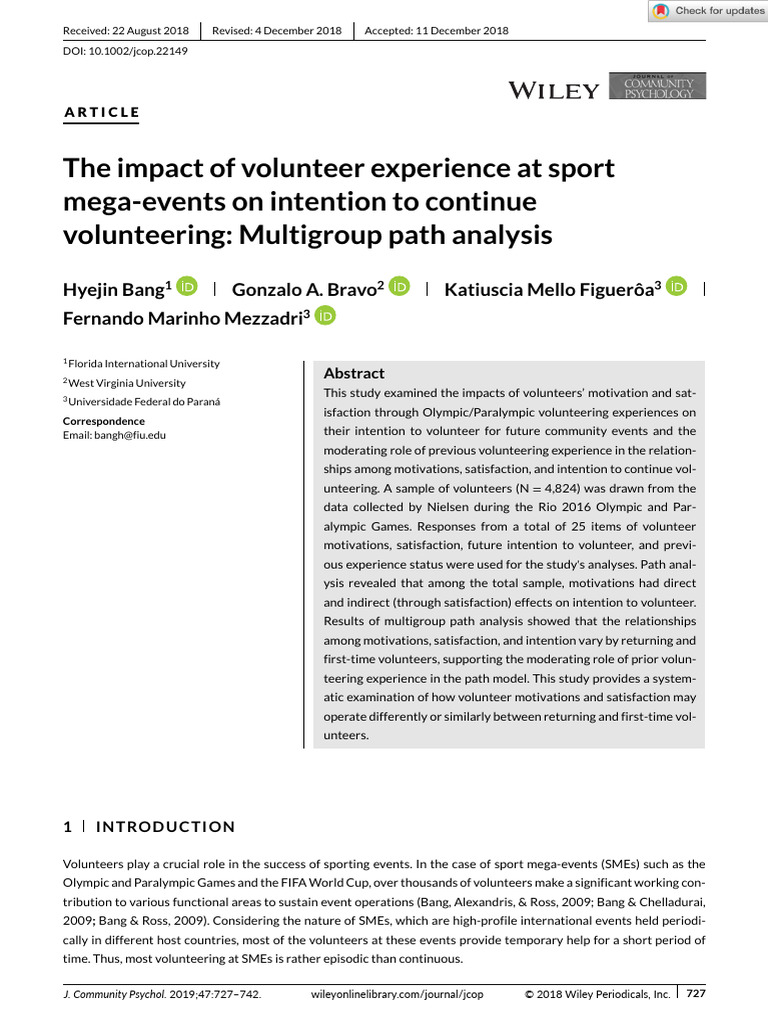 Journal Community Psychology - 2018 - Bang - The Impact of Volunteer Experience at Sport Mega ...