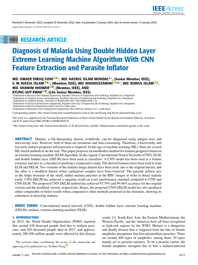 Diagnosis Of Malaria Using Double Hidden Layer Extreme Learning Machine Algorithm With Cnn