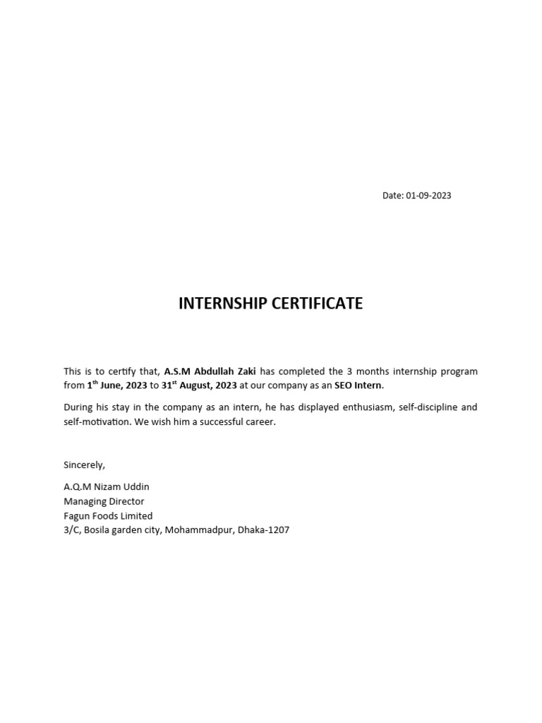 Intern Certificate For New Company | PDF